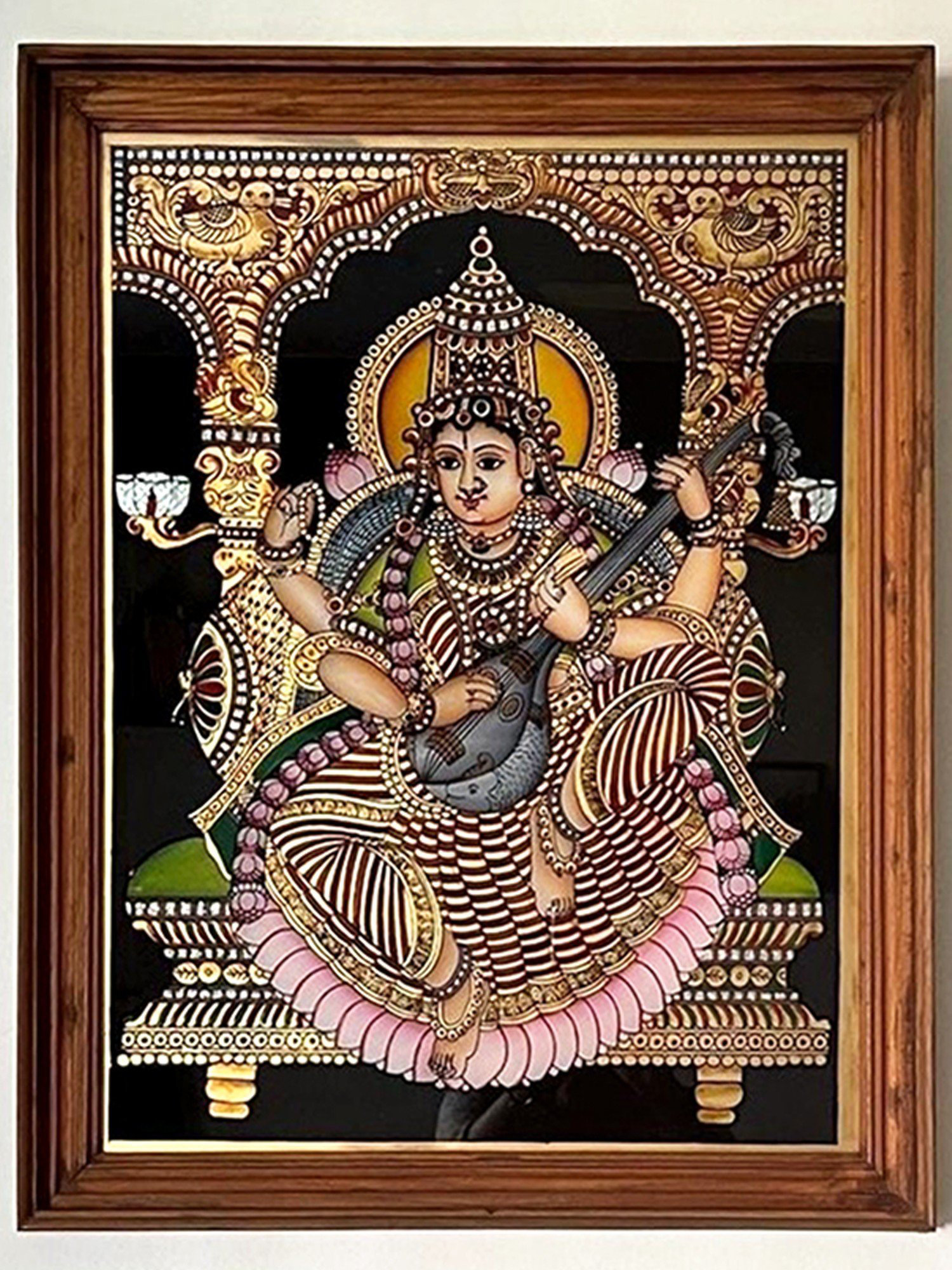 Exotic India Goddess Saraswati Playing Veena | Tanjore Paintings With Frame | By Ramesh | Wayfair